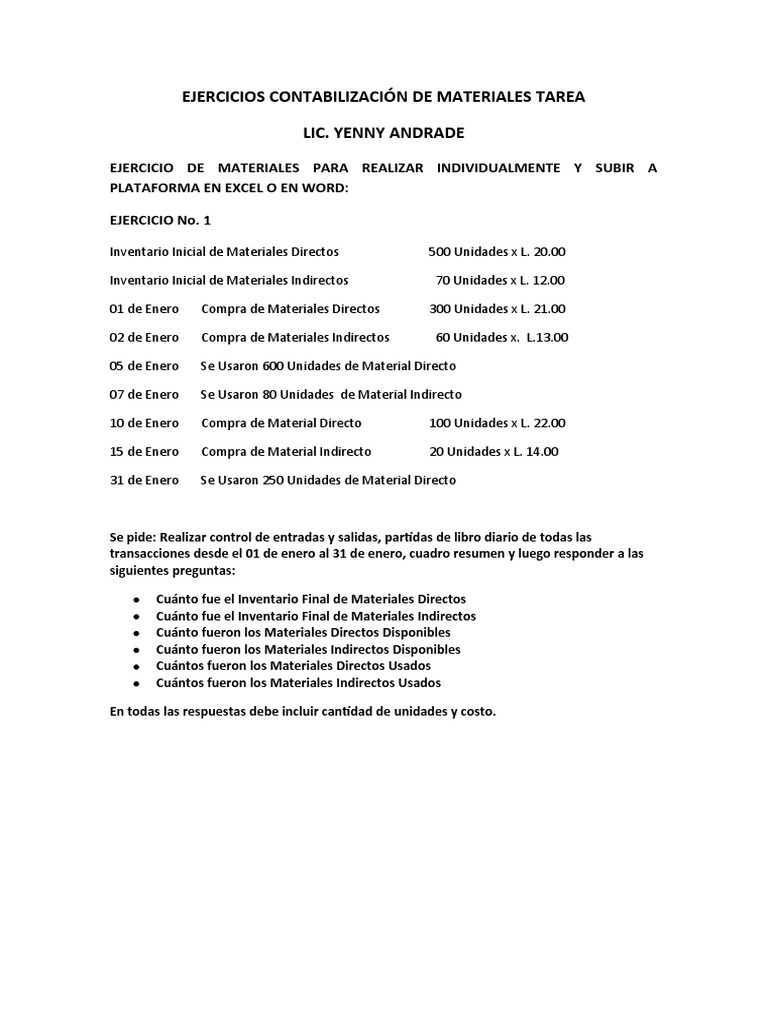 Ejercicio Tarea de Contabilizacion de Materiales Ejercicio Completo | PDF