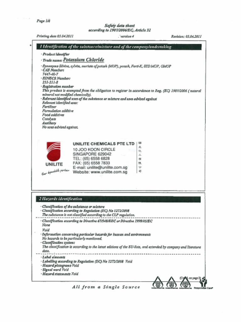Potassium Chloride (MSDS) -Israel | PDF