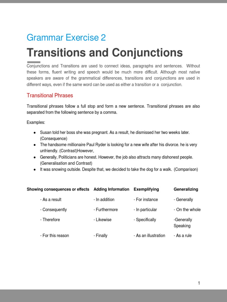 Transitions and Conjunctions: Grammar Exercise 2 | PDF | Linguistics | Grammar