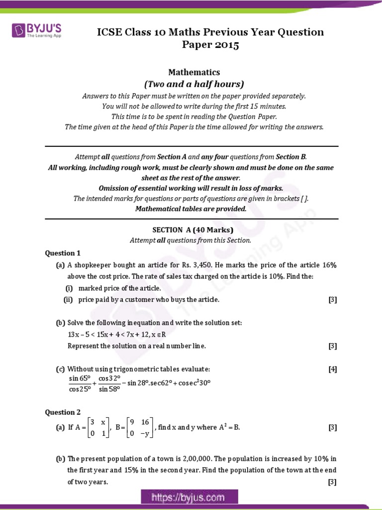 ICSE Class 10 Maths Question Paper 2015 | PDF | Mathematics ...