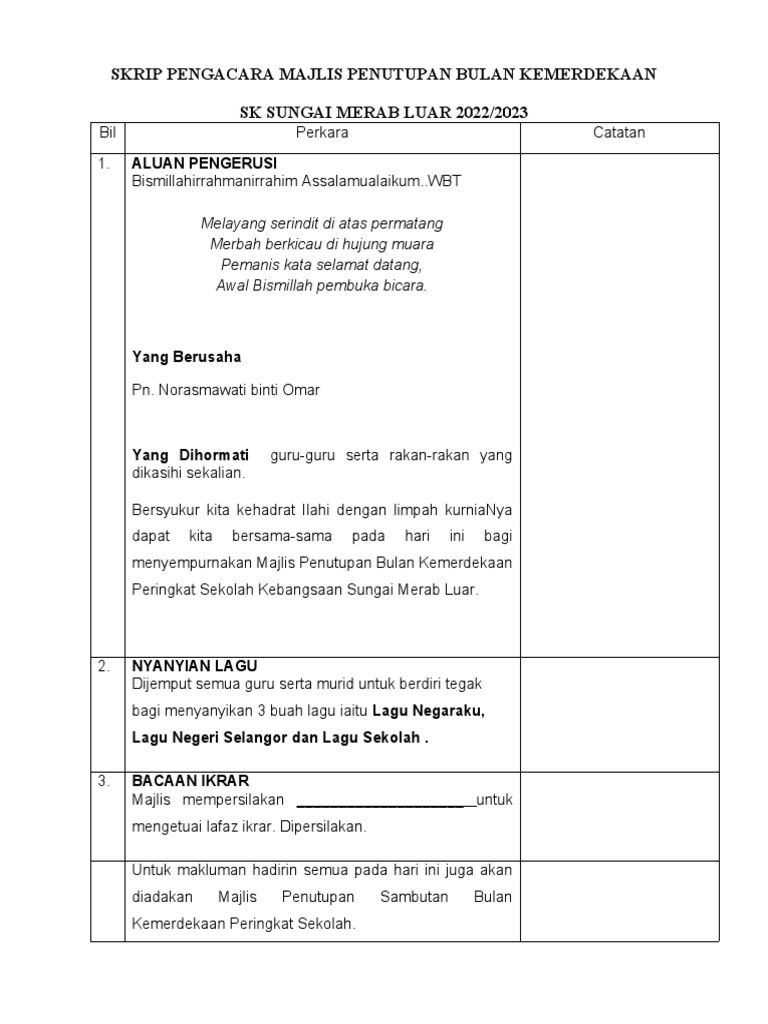 SKRIP MC Terbaik Dari Fika Majlis Penutupan Bulan Kemerdekaan | PDF