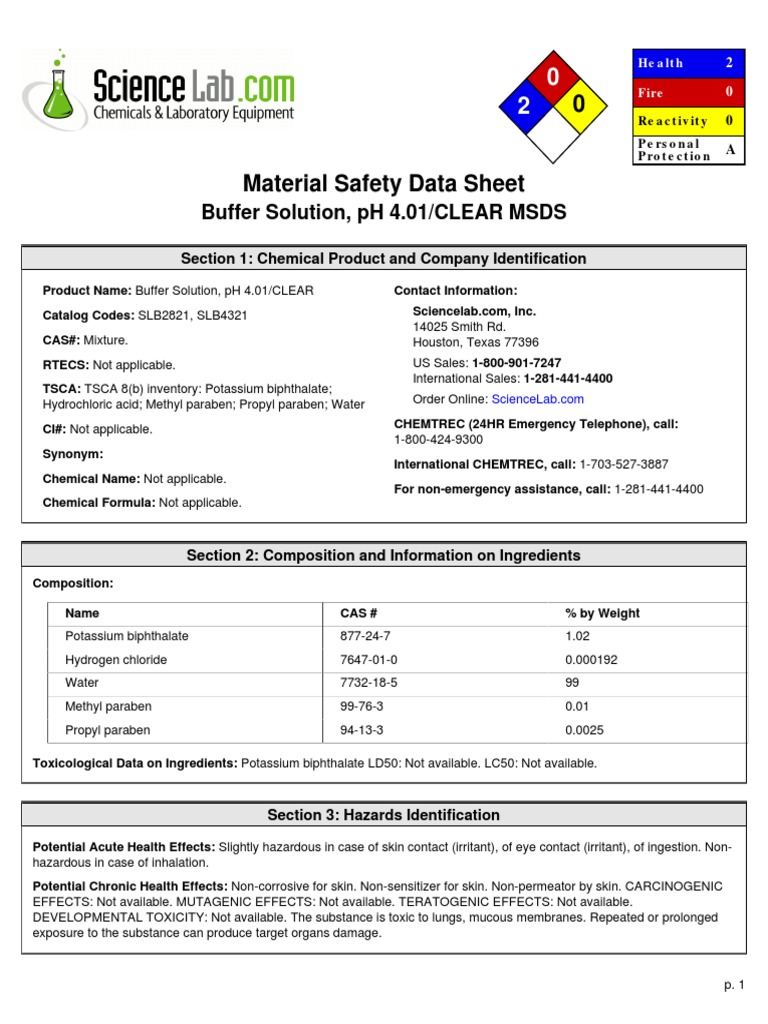 MSDS for Buffer Solution pH 4.01 | PDF