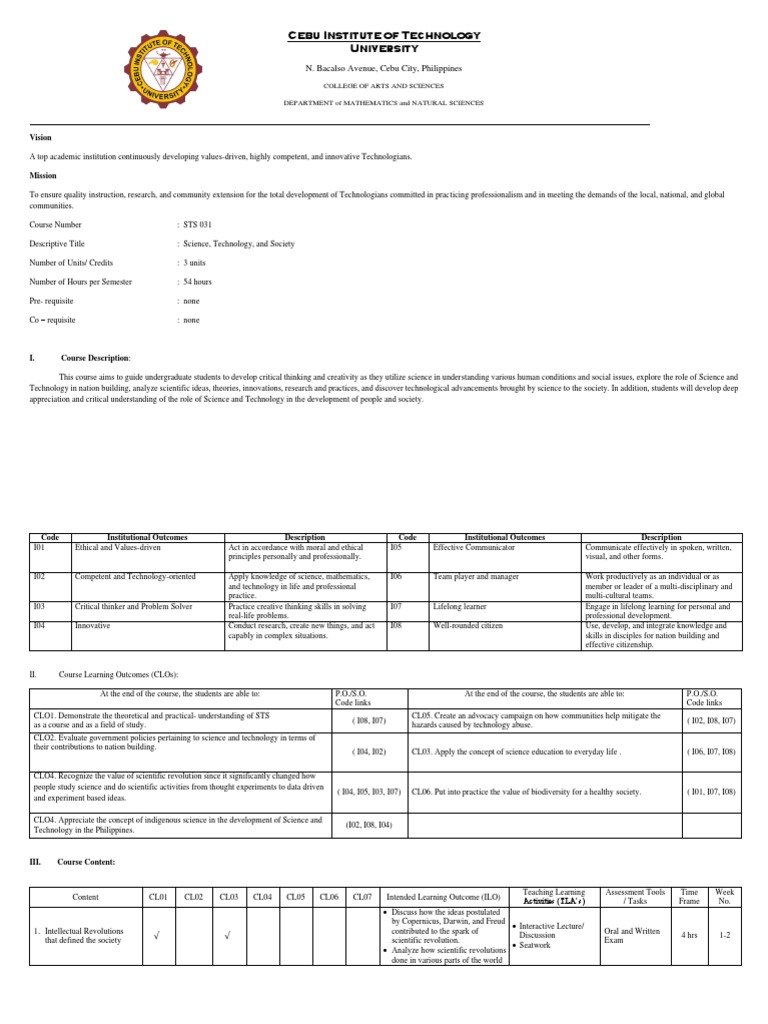 Course Syllabus Sts 031 OBE | PDF | Science | Critical Thinking