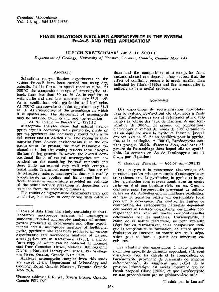 Kretschmar and Scott (1976) Phase Relationis Involving Arsenopyrite in ...