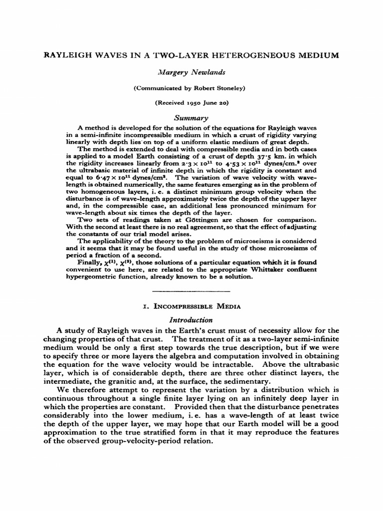 RAYLEIGH WAVES IN A TWO-LAYER HETEROGENEOUS MEDIUM - Newlands - 1950 ...