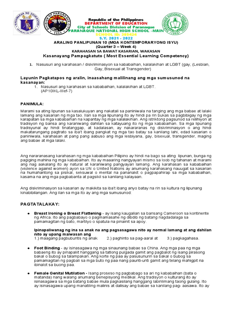 Quarter-3-Week-4-KARAHASAN SA BAWAT KASARIAN | PDF