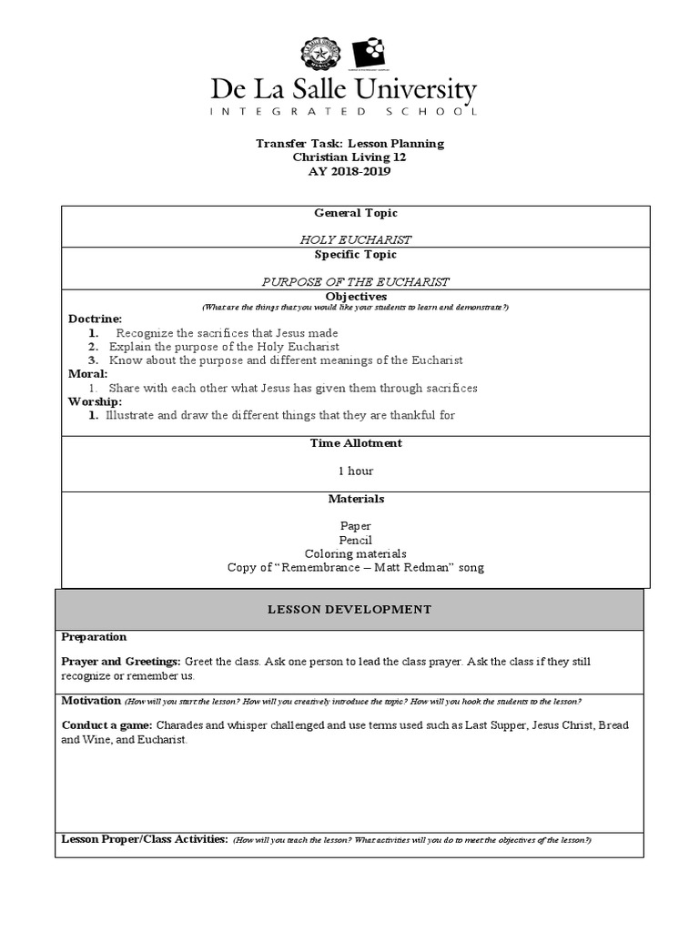 Lesson Plan Purpose of Eucharist - F1 | Download Free PDF | Eucharist ...