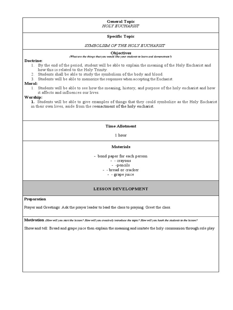 Lesson Plan Symbolism of The Holy Eucharist | PDF | Eucharist | Mass ...