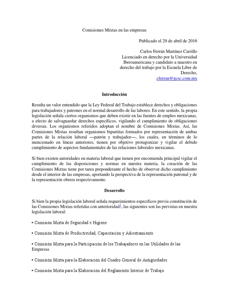 Comisiones Mixtas en Las Empresas | PDF | Derecho laboral | México