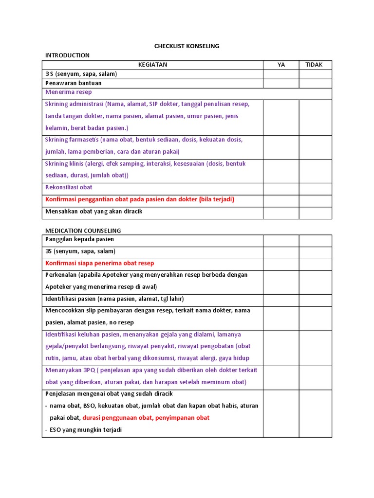 Checklist Konseling Apoteker | PDF