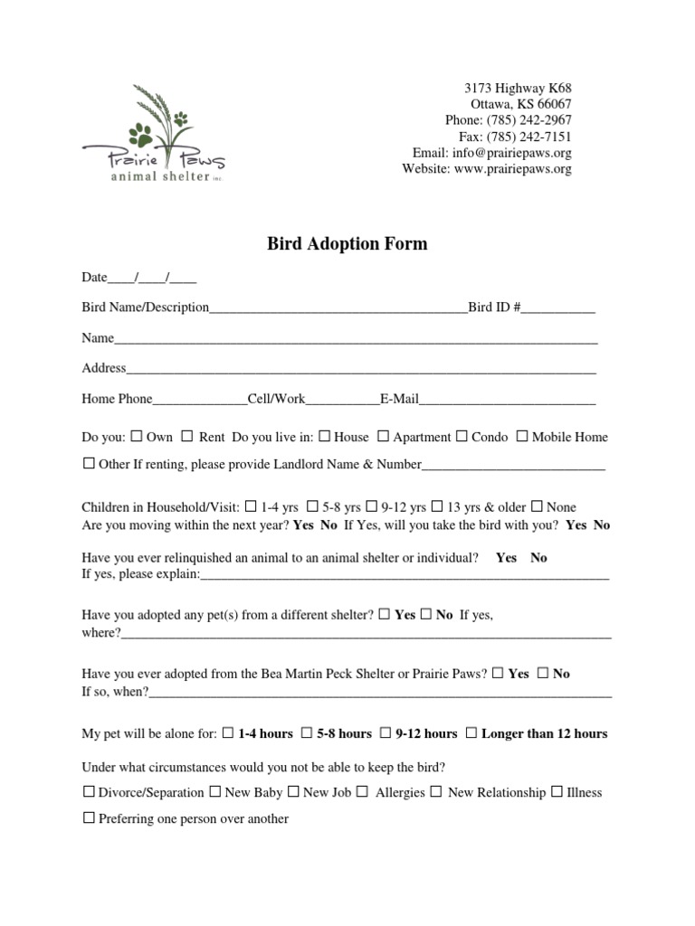 Bird Adoption Form | PDF