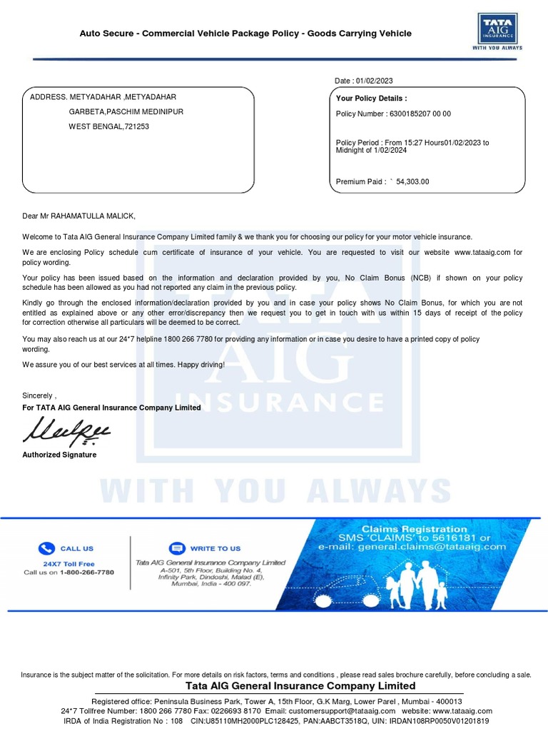 Tata AIG Motor Policy Schedule - 3189 - 6300185207-00-2 | PDF ...