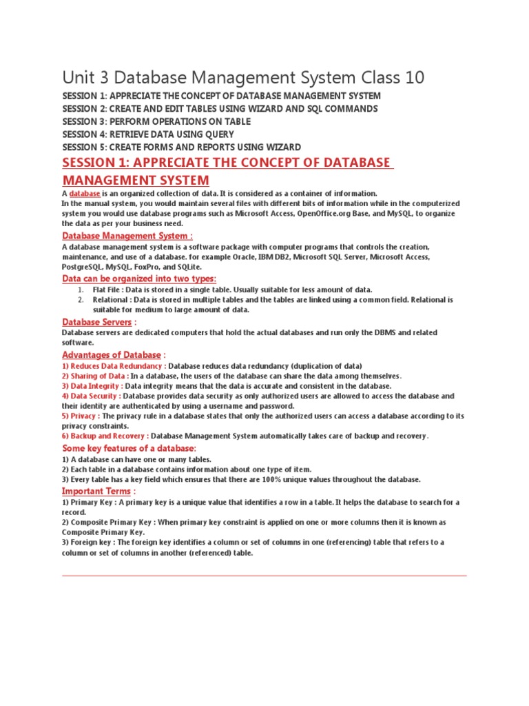 Unit 3 Database Management System Class 10 | PDF | Relational Database ... Unit 3 Database Management System Class 10 | PDF | Relational Database ...