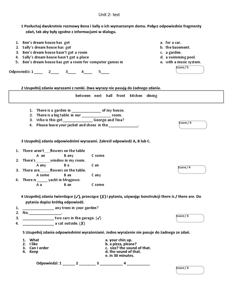 Klasa 5 Test Unit 2 | PDF