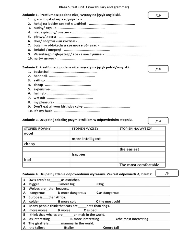 Klasa 5, Test Unit 3 | PDF