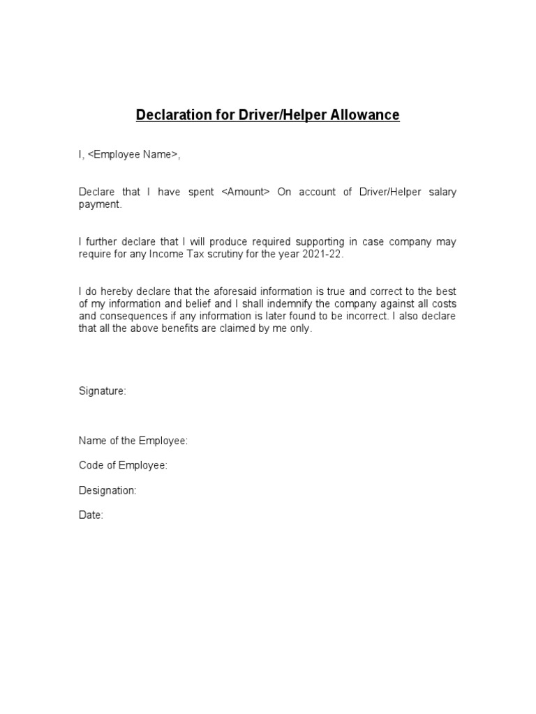 Driver/Helper Allowance Declaration Form | PDF