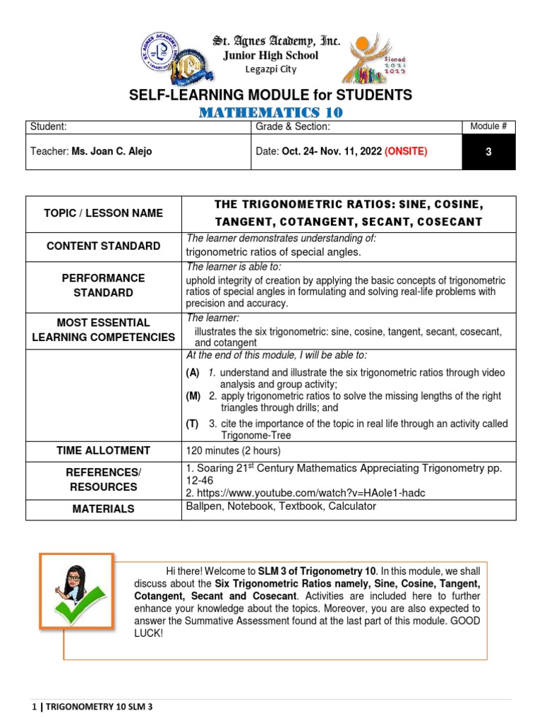 SLM 3 The Six Trigonometric Ratios 22 23 | PDF | Trigonometric Functions | Trigonometry