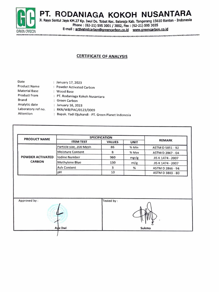Pt. Rodaniaga Kokoh Nusantara: Certificate of Analysis | PDF | Earth ...