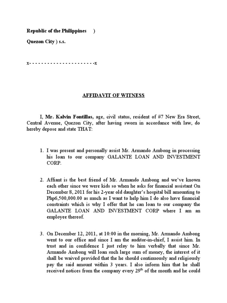 Sample of Affidavit of Witness | PDF | Affidavit | Financial Services