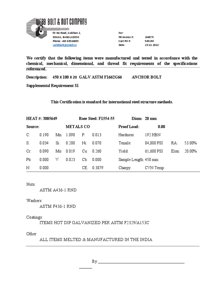 Anchor Bolt Certification Document | PDF