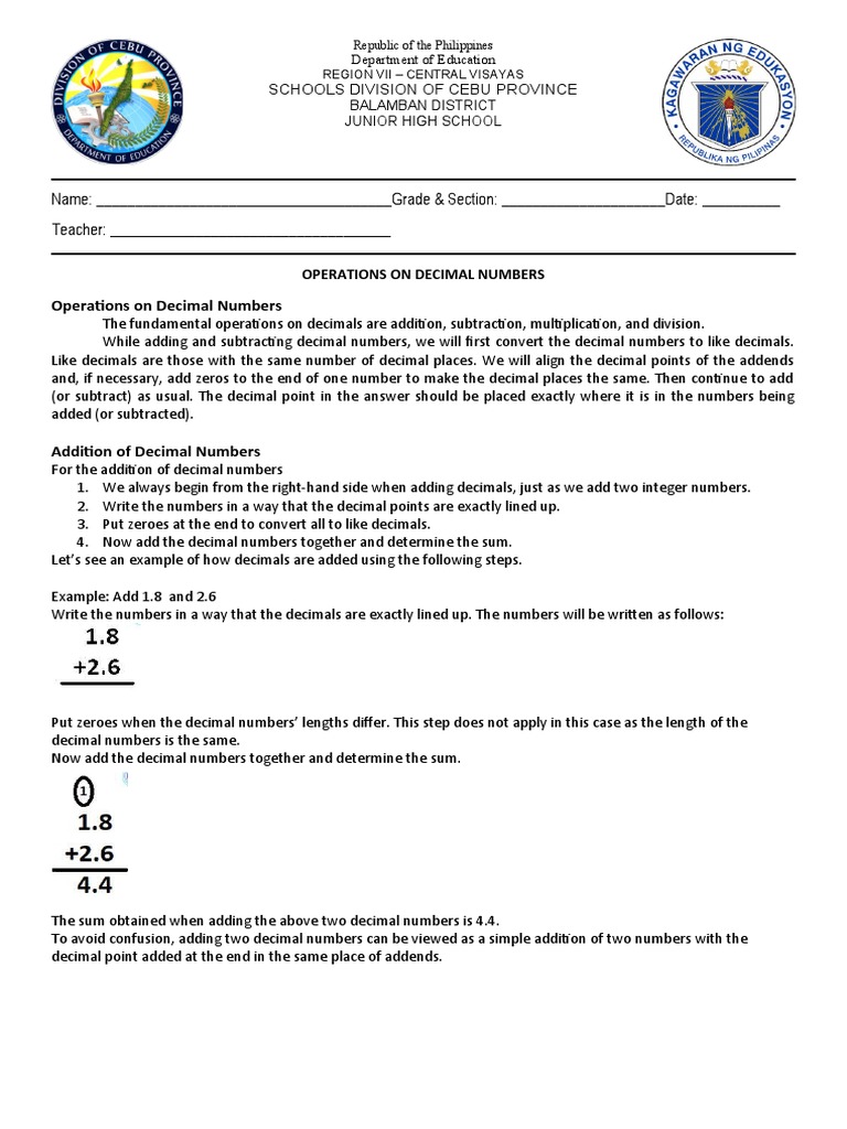 Operations With Decimal Numbers | PDF | Division (Mathematics) | Multiplication