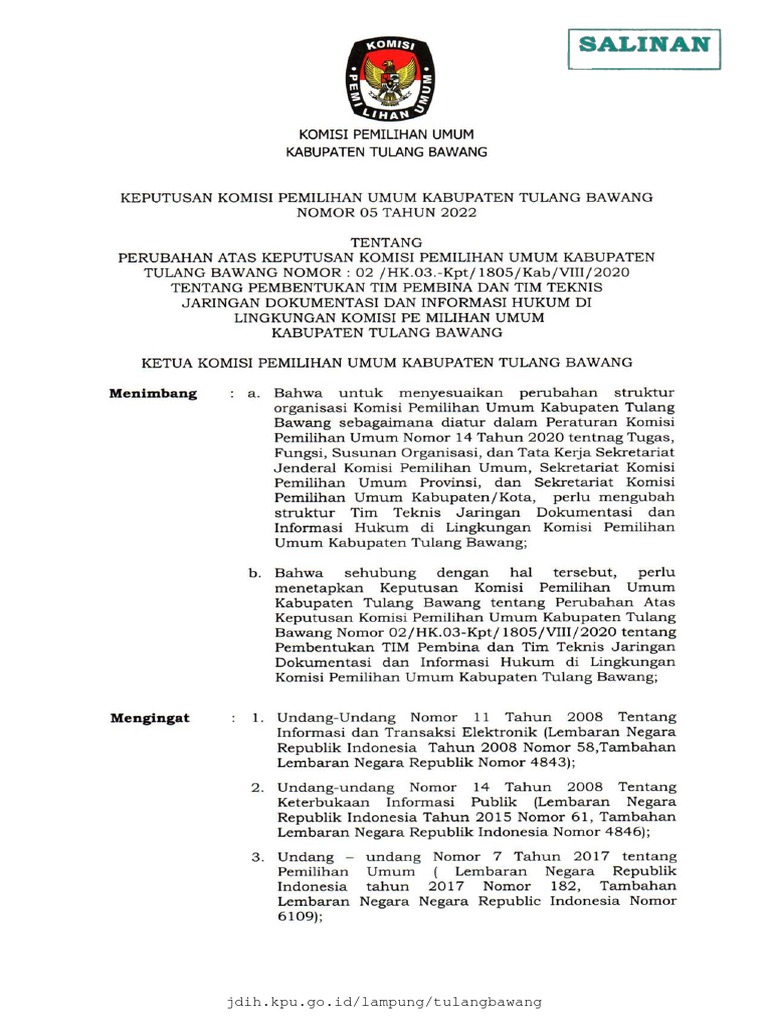 Kpts 05 2022 Perubahan Tim Teknis Dan Pembina JDIH | PDF