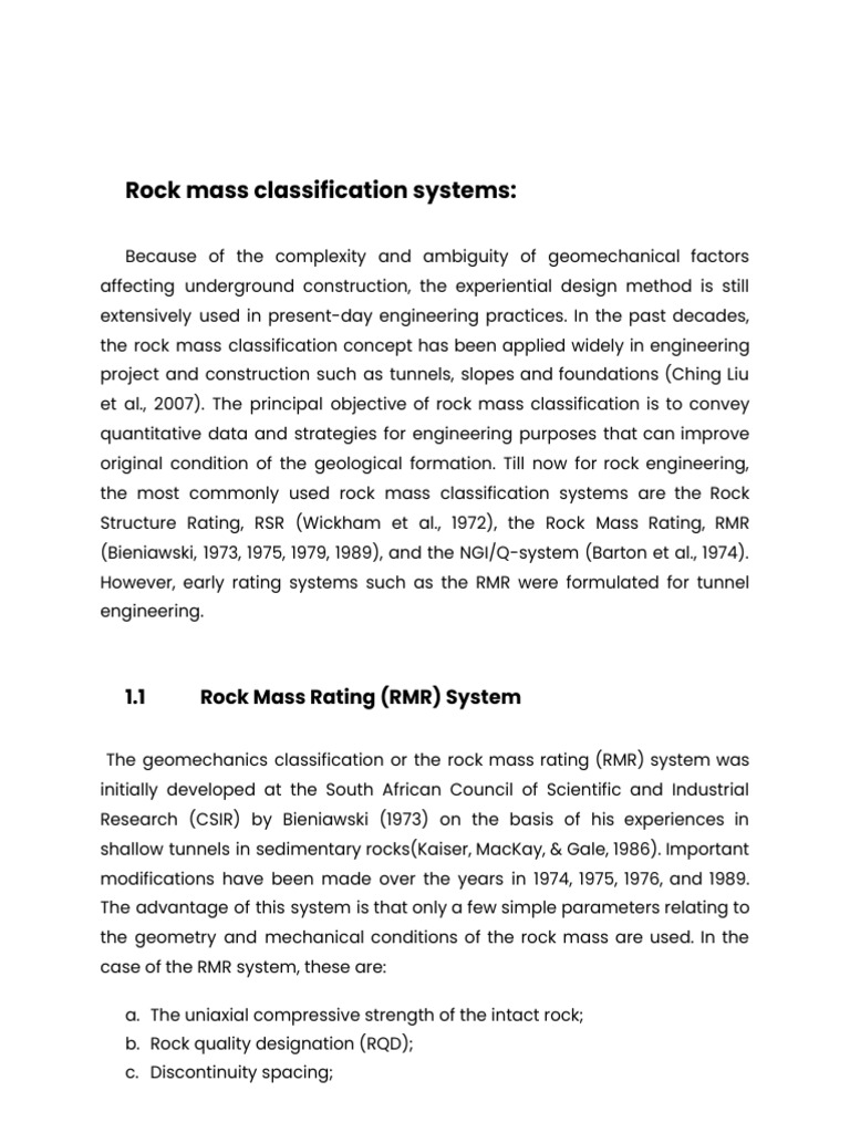 An Overview of the Rock Mass Rating (RMR) System and its Applications in Rock Engineering ...