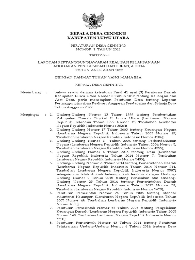 Perdes Realisasi Apbdes 2023 | PDF