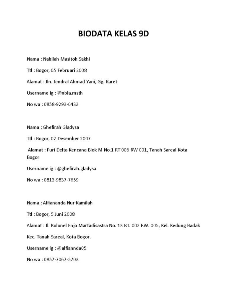 Biodata Kelas 9D | PDF