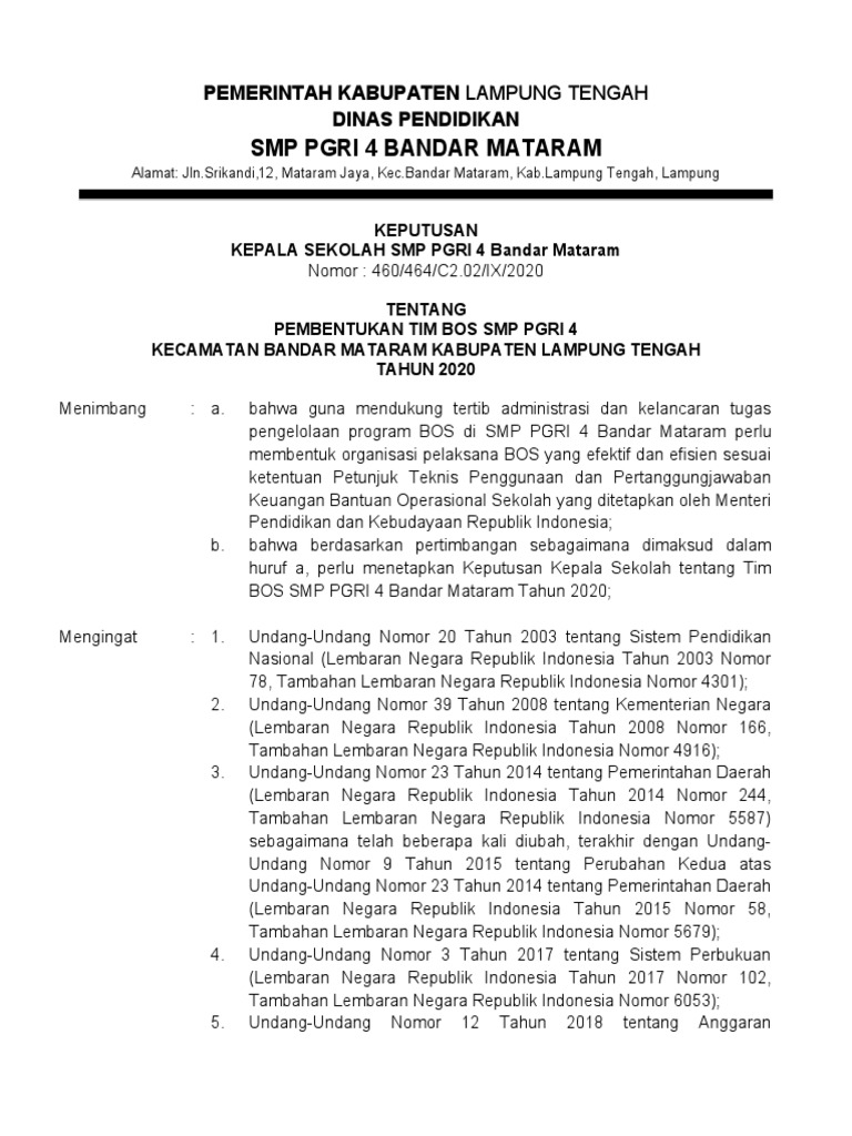 (Panduanmengajar - Com) - Contoh SK Tim BOS Reguler 2020 | PDF (Panduanmengajar - Com) - Contoh SK Tim BOS Reguler 2020 | PDF