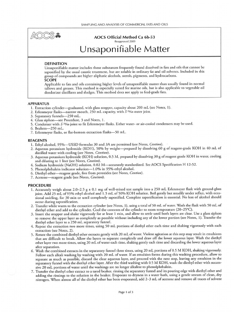 AOCS Ca 6b-53 Unsaponifiable Matter | PDF