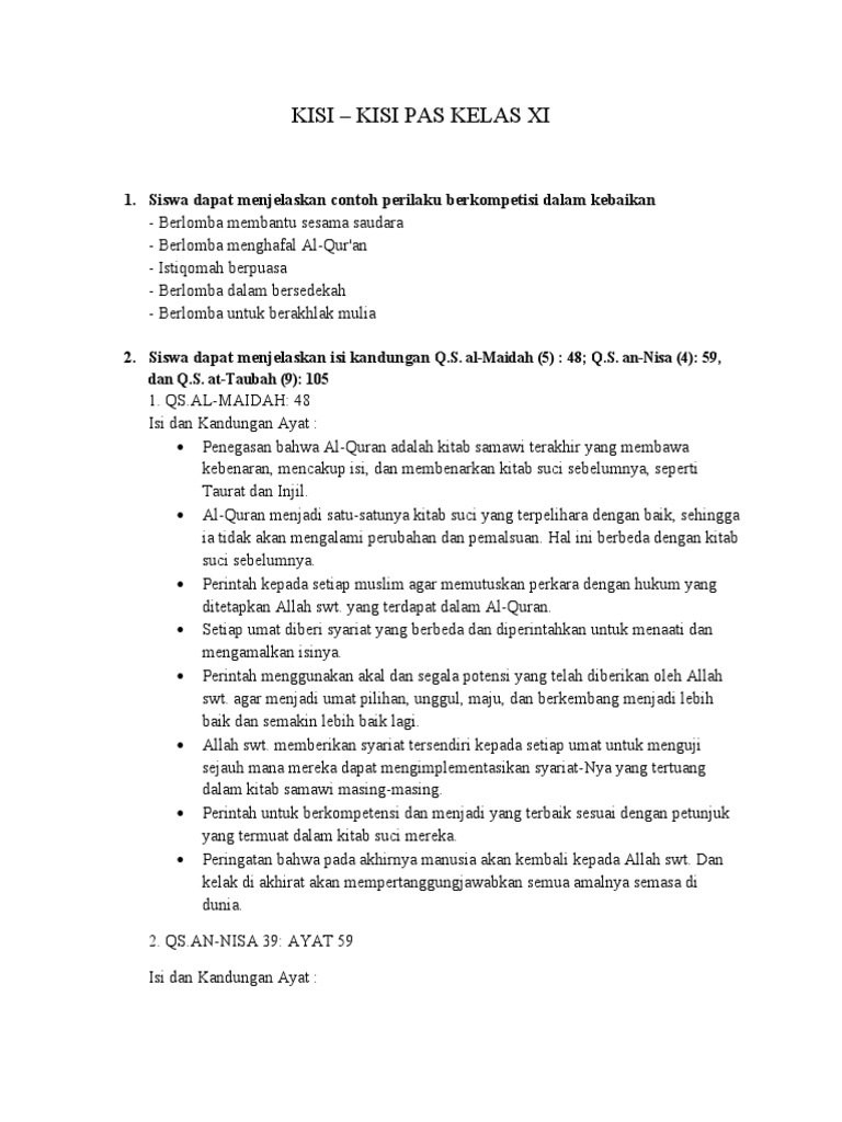 Kisi Kisi Pai Kelas Xi 20222023 | PDF