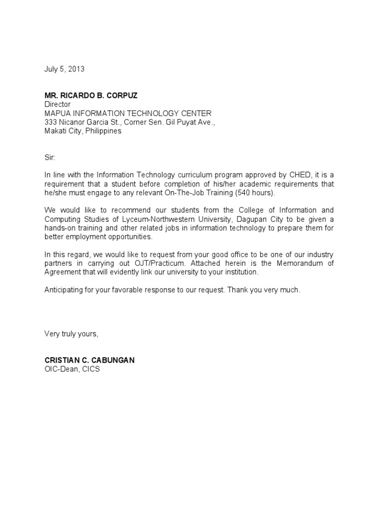 OJT Partnership Request for IT Students | PDF