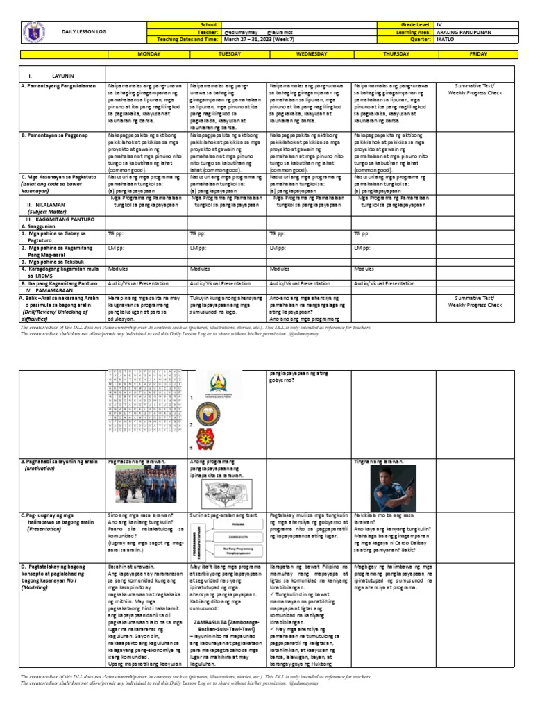 DLL - AP4 - Q3 - W7 Nasusuri Ang Mga Programa NG Pamahalaan Pangkapayapaan@edumaymay | PDF