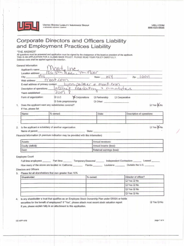 D&O - USLI Application | PDF | Fraud | Insurance