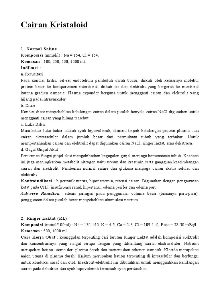 Jenis dan Indikasi Cairan Kristaloid | PDF