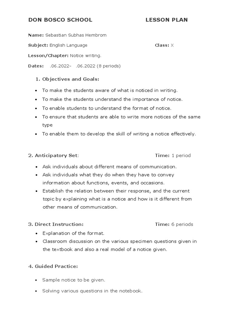 Class X Notice Writing Lesson Plan | PDF | Language Arts & Discipline ...