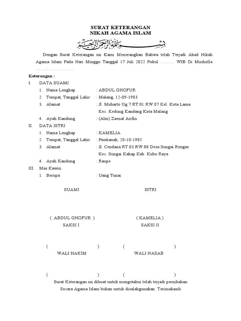 Surat Keterangan Nikah Agama Islam | PDF