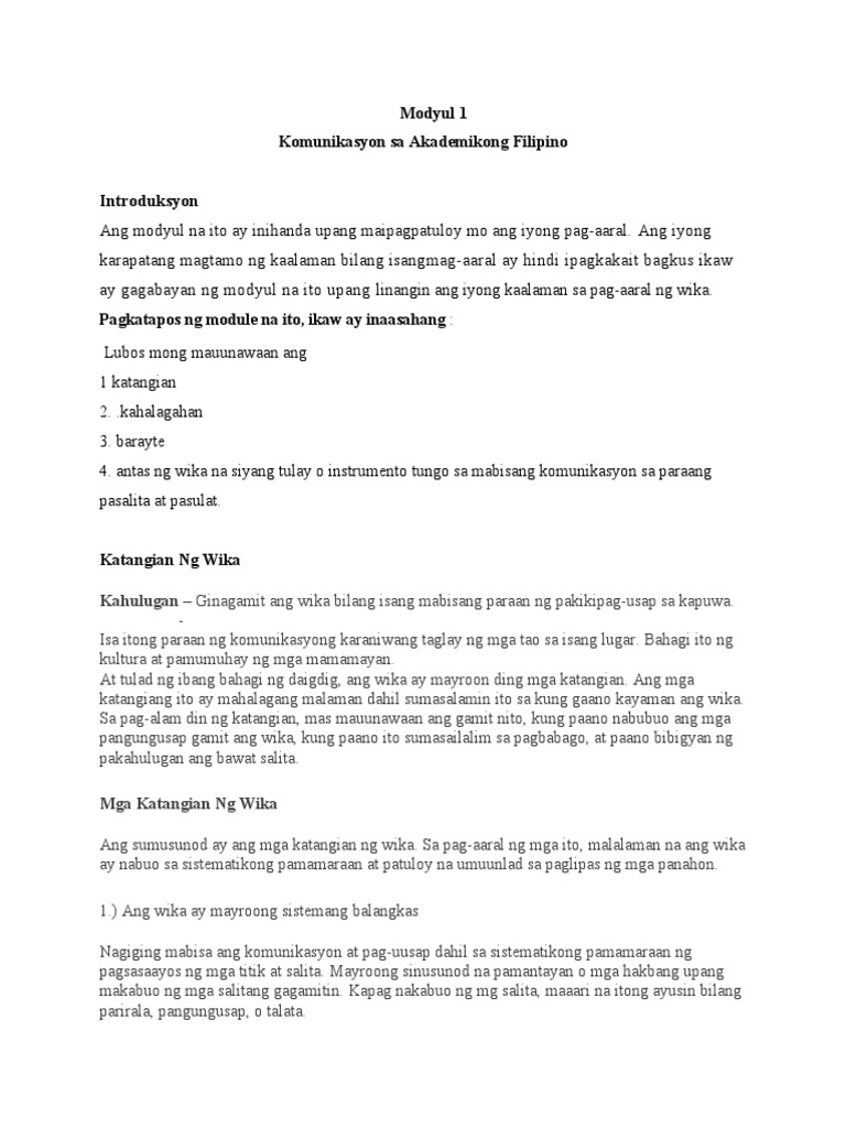 Modyul 1 Kominikasyon Sa Akademikong Filipino Final | PDF
