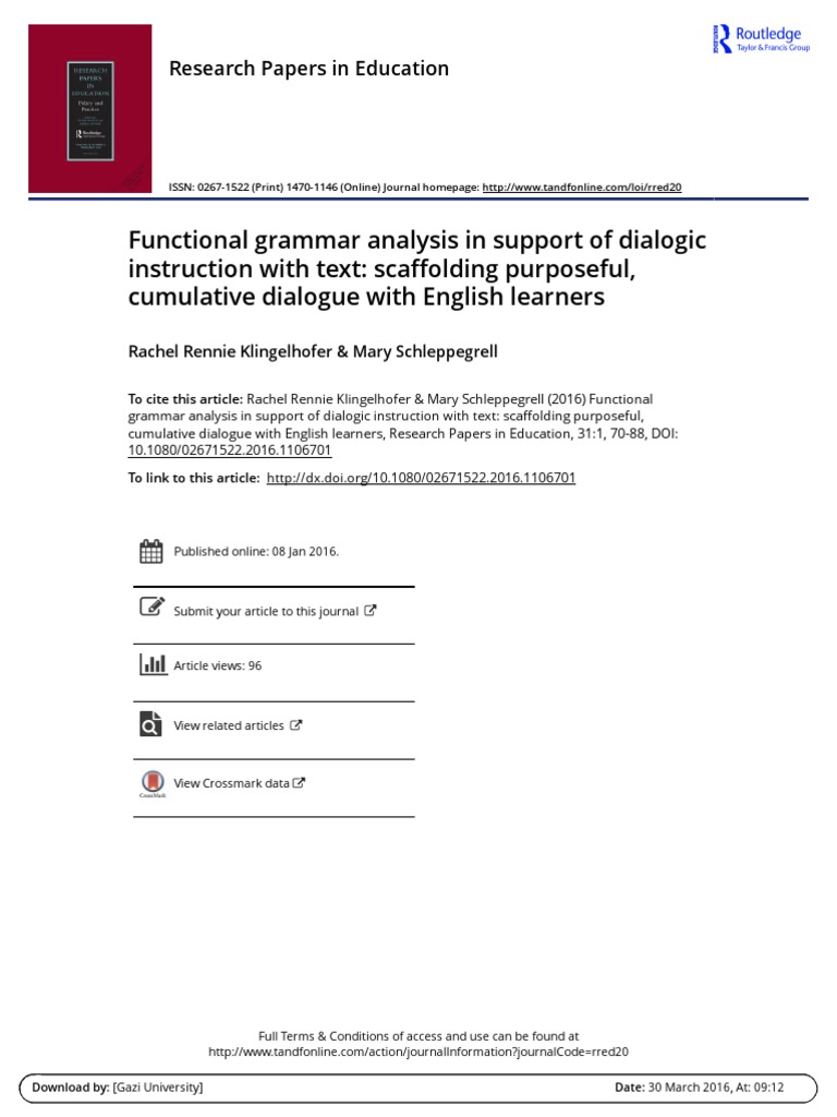 Functional Grammar Analysis in Support of Dialogic Instruction With Text - Scaffolding ...