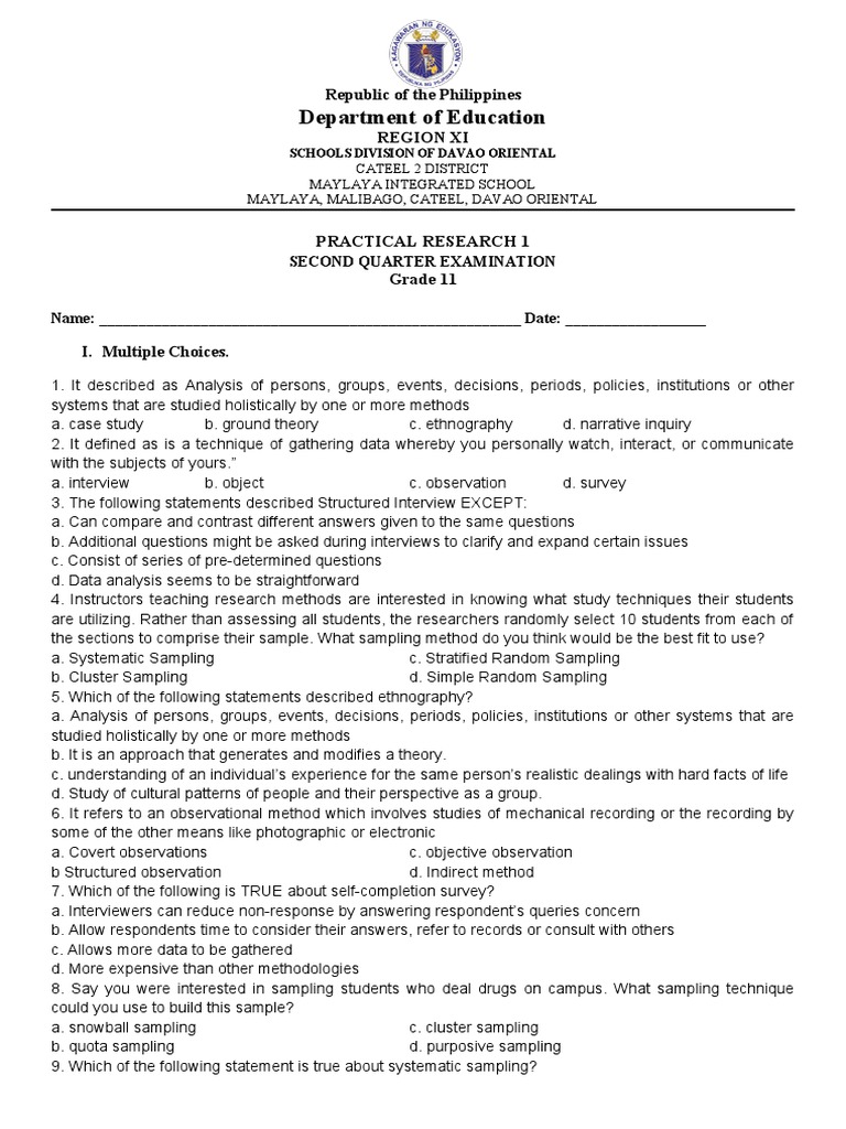 2ND Quarter Exam - PR1 | Download Free PDF | Sampling (Statistics) | Qualitative Research