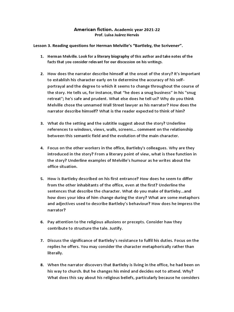 Reading Guide. Bartleby, The Scrivener | PDF | Bartleby, The Scrivener ...