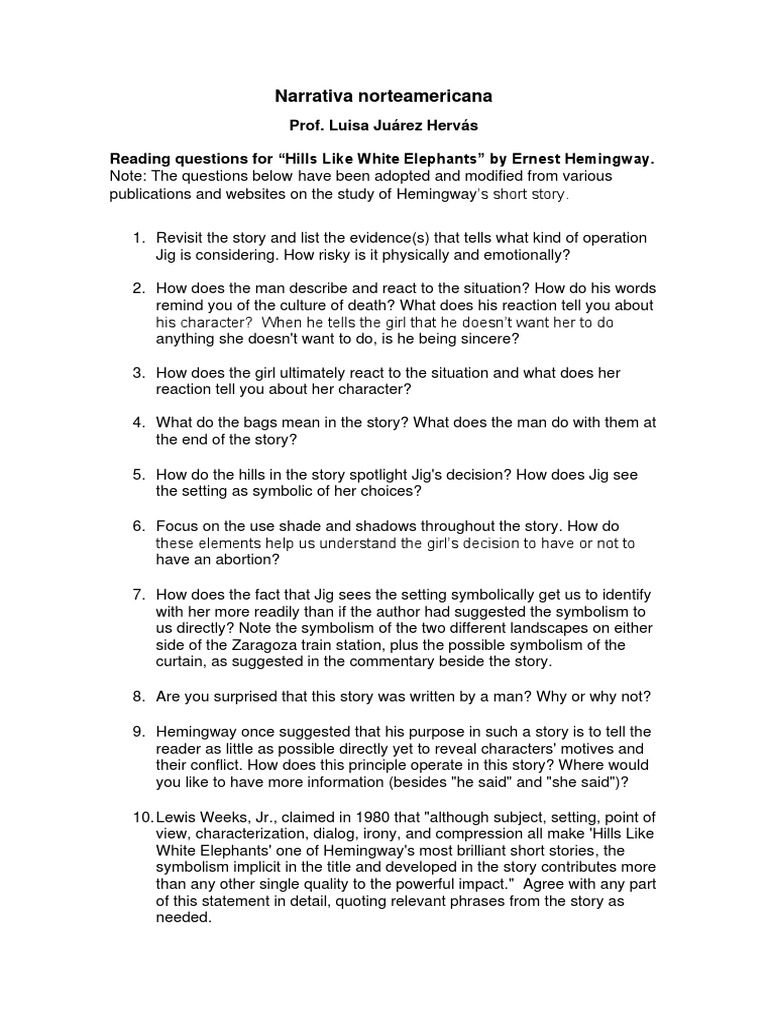 Reading Guide. Hills Like White Elephants 21-22 | PDF