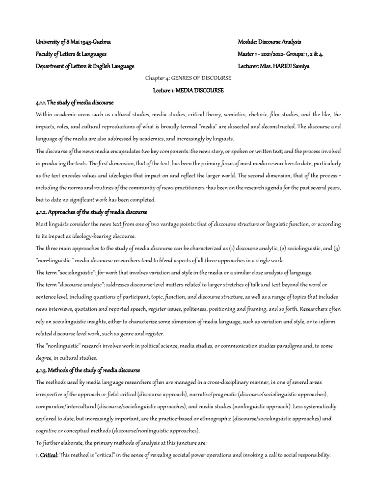 Chapter 4 Genres Of Discourse Lecture 1 Media Discourse Pdf Discourse Linguistics