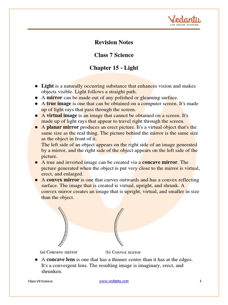 Class 7 Science Chapter 15 Revision Notes | PDF | Mirror | Optics
