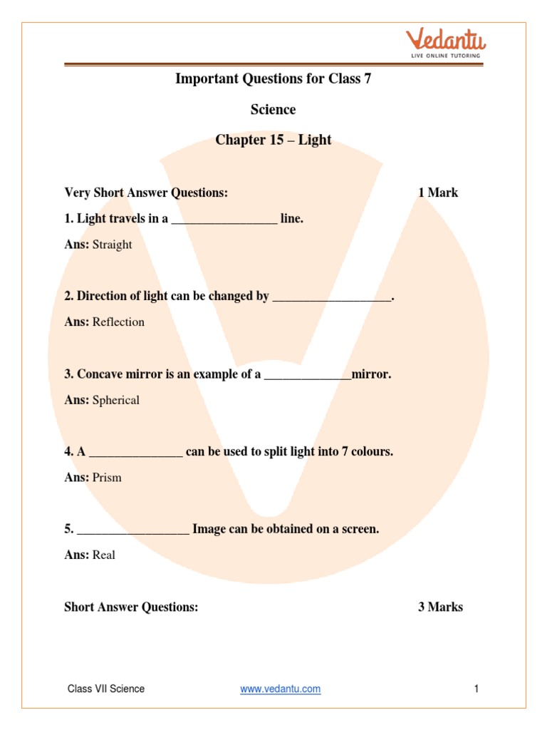 Important Questions For CBSE Class 7 Science Chapter 15 | PDF | Mirror ...