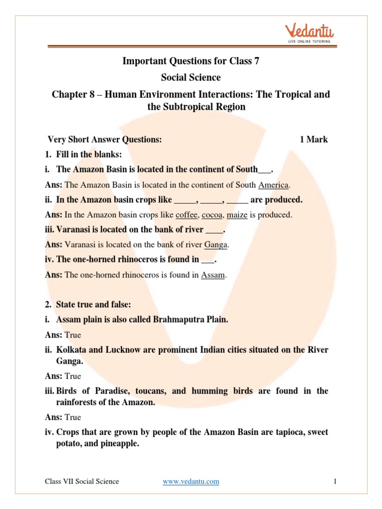 Important Questions For CBSE Class 7 Social Science Our Environment ...