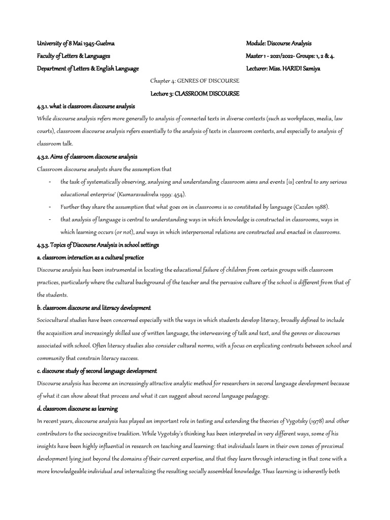 CHAPTER 4-GENRES OF DISCOURSE-Lecture 3. CLASSROOM DISCOURSE | PDF | Learning | Discourse