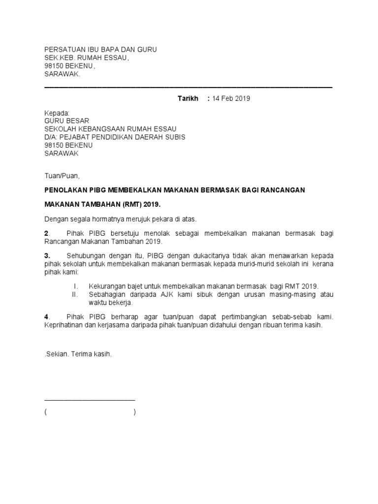 Surat Penolakan PIBG Bekalan Makanan (RMT - 2020) | PDF