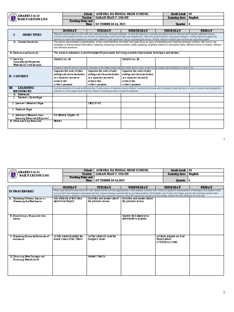 Grade 10 English Daily Lesson Plan | PDF | Learning | Teaching Method